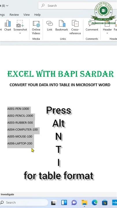 convert data into table on microsoft word shorts