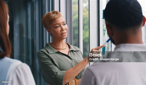 교육 성숙한 여성 또는 브레인스토밍 알림 또는 프로젝트 구성을 위한 유리에 대한 전략 비즈니스 미팅의 솔루션 스티커 메모 및 창의적인 아이디어로 시작 타임라인 팀워크 또는