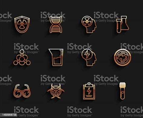 세트 라인 실험실 안경 생물학적 위험 기호 방패의 방사성 체크리스트가 있는 클립보드 시험관 및 플라스크 화학 물질 유리 제품 비커 박테리아 및 머리 전기 아이콘 벡터 건강