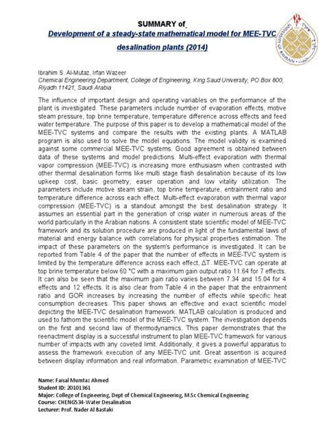 Summary Of Development Of A Steady State Mathematical Model For Mee Tvc