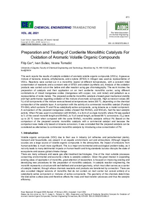 Pdf Preparation And Testing Of Cordierite Monolithic Catalysts For
