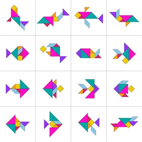 탱그램 퍼즐 탱그램 물고기 세트입니다 아이들을 위한 퍼즐 벡터 집합입니다 벡터 일러스트 레이 션 프리미엄 벡터