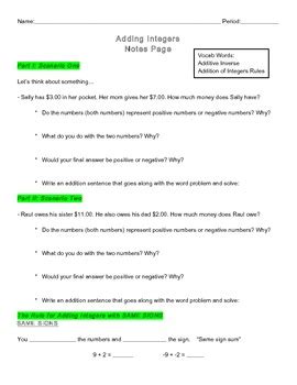 Introduction To Adding Integers Notes By Middle School Math HeadQuarters