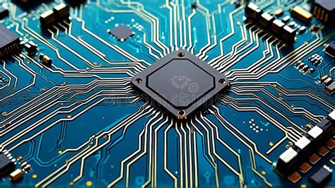 Futuristic Circuit Board With Intricate Gold Traces And Microprocessor Stock Image Image Of