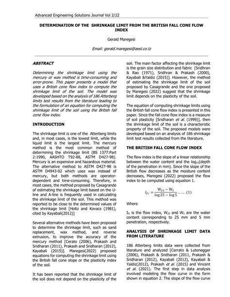 Pdf Determination Of The Shrinkage Limit From The British Fall Cone
