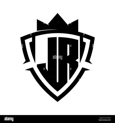 Jr Letter Bold Monogram With Triangle Curve Shield Shape With Crown Black And White Background