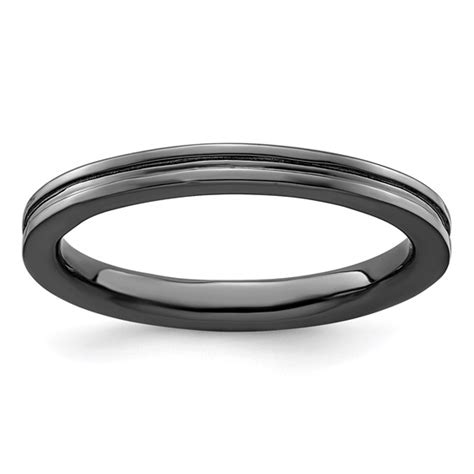 Sterling Silver Stackable Expressions 225mm Black Plated Grooved Ring