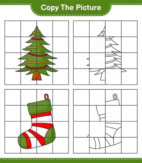 그림 복사 격자선을 사용하여 크리스마스 트리와 크리스마스 양말의 그림 복사 프리미엄 벡터