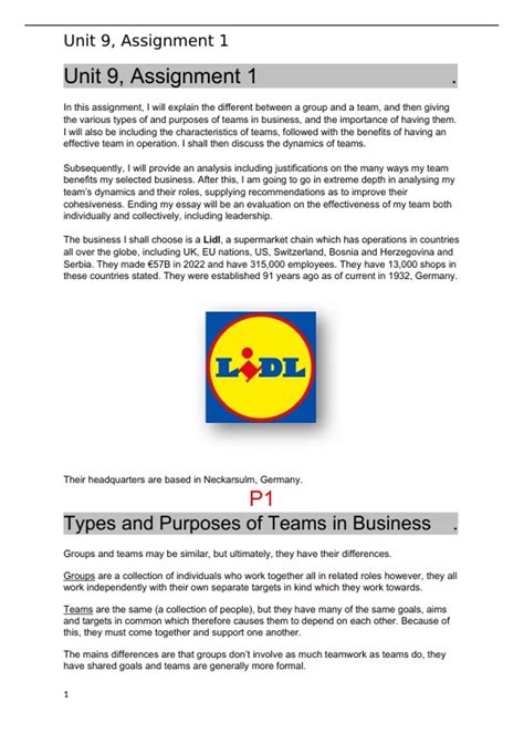 Unit 9 Team Building Assignment 1 [distinction] P1 P2 P3 P4 M1