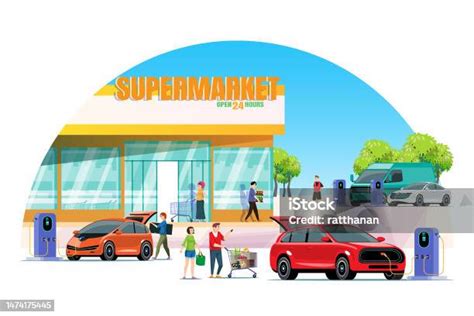 슈퍼마켓 근처의 전기차 충전소 사람들은 현대 전기 자동차 충전소를 사용합니다 도시 사회에 사는 개념 벡터 일러스트 레이 션