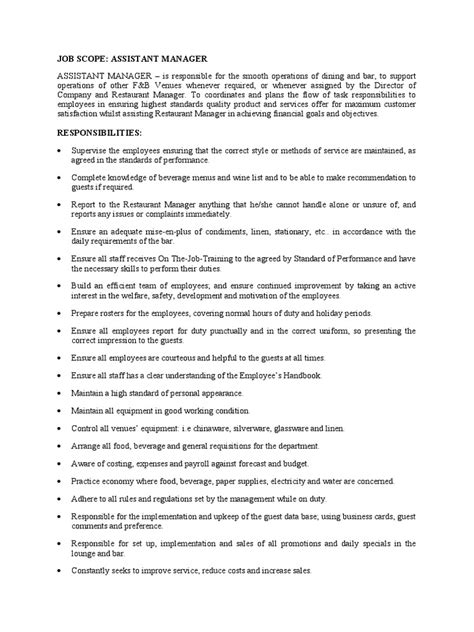 Job Scope Assistant Manager Pdf Restaurants Business