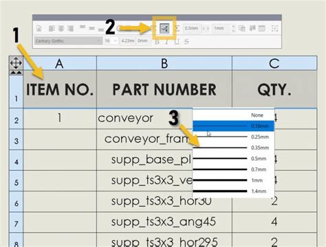 how to use the solidworks table cell border thickness feature