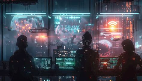 Futuristic Cybersecurity Team Analyzing Data On Holographic Screens In High Tech Command Center