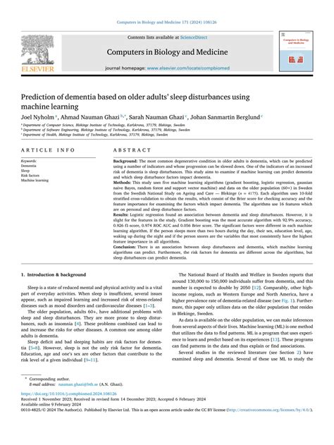 Pdf Prediction Of Dementia Based On Older Adults Sleep Disturbances Using Machine Learning