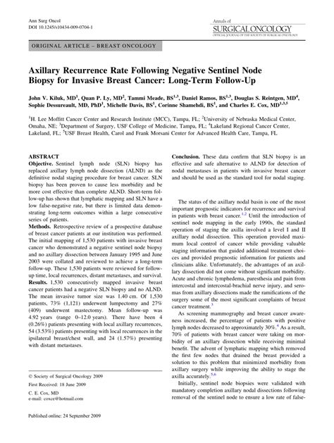 Pdf Axillary Recurrence Rate Following Negative Sentinel Node Biopsy For Invasive Breast