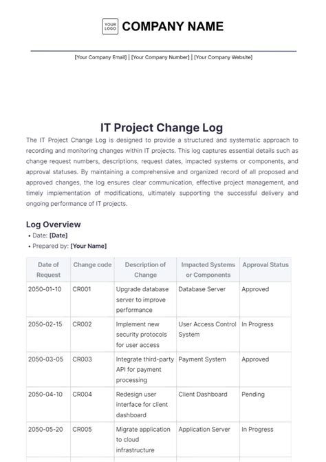 Free Change Control Log Template To Edit Online
