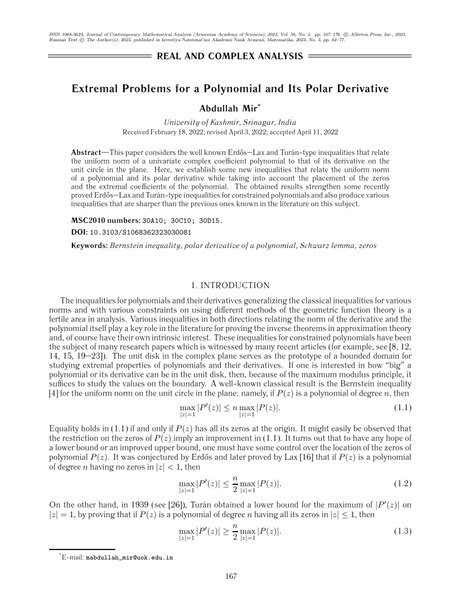 Pdf Extremal Problems For A Polynomial And Its Polar Derivative