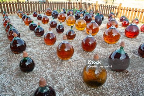 프롱 티 냥 프랑스의 남쪽에 큰 둥근 유리 골동품 Demijohn 병에서 외부 자연 달콤한 디저트 무스카트 리큐 르 화이트 와인 만들기 태양 하늘에 대한 스톡 사진 및 기타