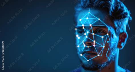 Man Face And Work Of Biometric Identification System On Dark Blue Background Facial Recognition
