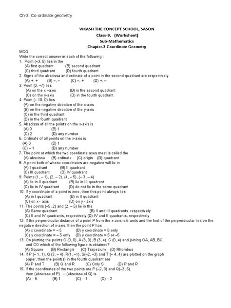 Cl 9 Maths Worksheet Ch 3 Coordinate Geometry Pdf Cartesian Coordinate System Vertex