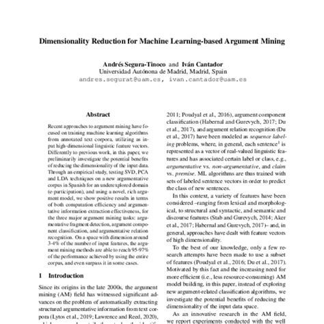 Dimensionality Reduction For Machine Learning Based Argument Mining Acl Anthology