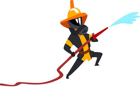 소방 관은 흰색 배경에 직장 벡터 일러스트 레이 션에서 유니폼과 마스크에 호스 소방 관 문자를 사용 하 여 물을 살포 구조에