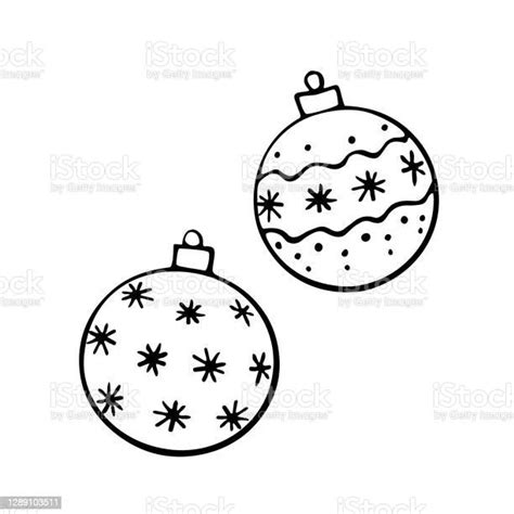 벡터 크리스마스 윤곽 트리 공의 집합 낙서 스타일의 새해와 Xmas 디자인의 요소 고립 인사말 카드 달력 인쇄물 색칠 공부를 위한 간단한 손으로 그린 일러스트레이션 0명에