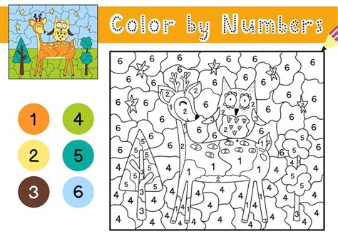 아이들을위한 숫자 게임으로 색칠 귀여운 사슴과 올빼미가있는 색칠 공부 페이지 솔루션이있는 인쇄 가능한 워크 시트 프리미엄 벡터