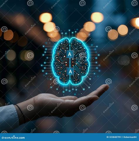 Hand Presenting An Illuminated Ai Brain With Circuit Patterns In A Futuristic Cityscape Stock