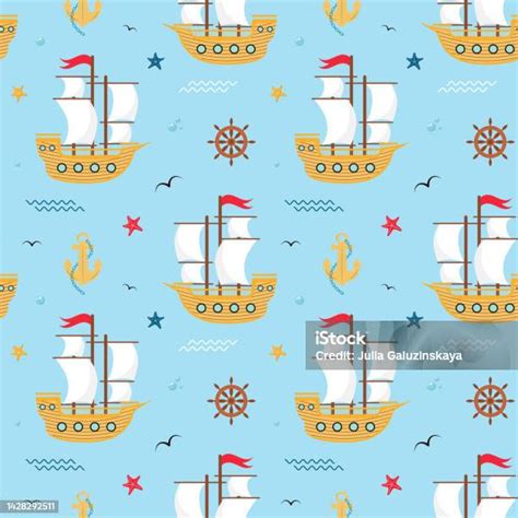 범선 앵커 스티어링 휠 불가사리 파도 거품 및 갈매기가있는 완벽한 패턴 직물 및 포장지를위한 해상 인쇄 Regatta에 대한 스톡 벡터 아트 및 기타 이미지 Istock