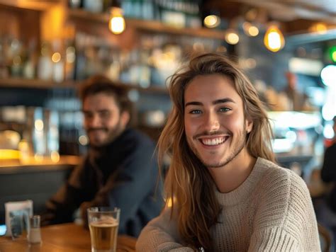 A Woman Smiling At A Bar With Two Men Behind Her Premium Ai Generated