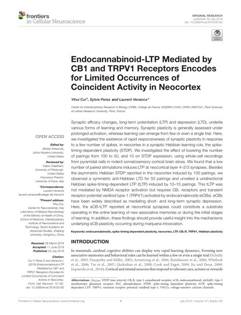 Pdf Endocannabinoid Ltp Mediated By Cb1 And Trpv1 Receptors Encodes For Limited Occurrences Of