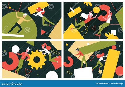 People Organize Abstract Geometric Shapes Circle Square Triangle Holding Figures Vector