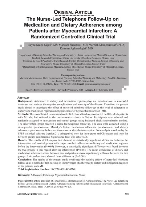 Pdf The Nurse Led Telephone Follow Up On Medication And Dietary Adherence Among Patients After