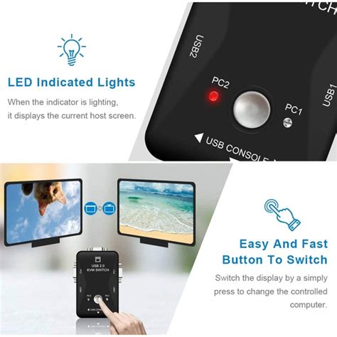 KVM UA Ports USB KVM Switch Box With Control Button For PC Keyboard Mouse Monitor Black