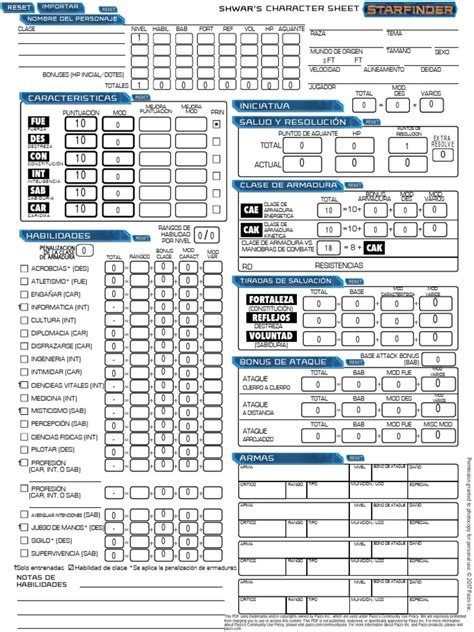 Starfinder Character Sheet Español Pdf