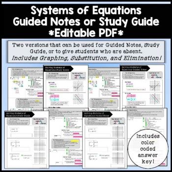 Solving Systems Of Equations Study Guide Guided Notes Editable PDF