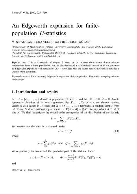 Pdf An Edgeworth Expansion For Finite Population U Statistics