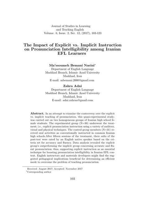 Pdf The Impact Of Explicit Vs Implicit Instruction On Pronunciation Intelligibility Among