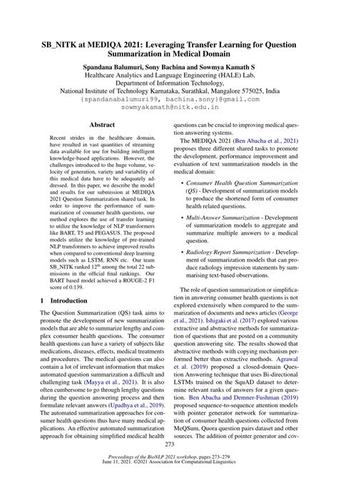 Pdf Sbnitk At Mediqa 2021 Leveraging Transfer Learning For Question