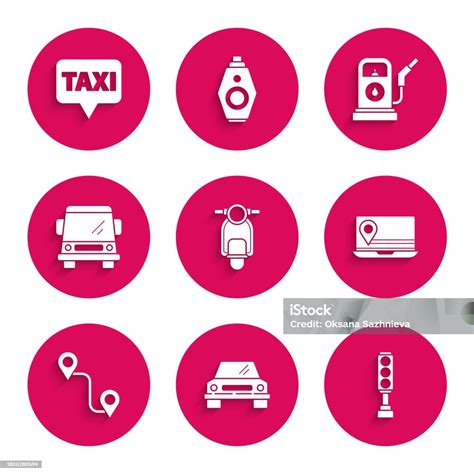 스쿠터 자동차 신호등 위치 마커가 있는 노트북 경로 주유소 및 지도 포인터 택시 아이콘을 설정합니다 벡터 0명에 대한 스톡 벡터 아트 및 기타 이미지 Istock