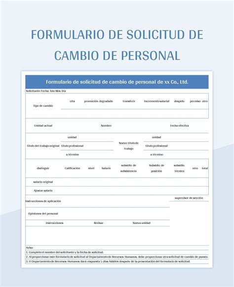 Plantilla De Excel Formulario De Solicitud De Cambio De Personal Y Hoja