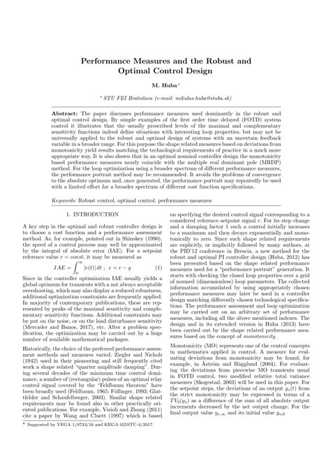 Pdf Performance Measures And The Robust And Optimal Control Design