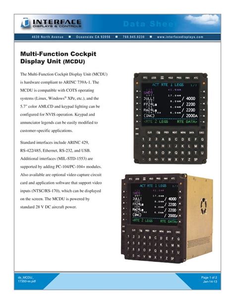 Multi Function Cockpit Display Unit MCDU Data Sheet Interface Displays PDF