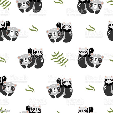 디자인을 위한 흰색 배경에 엄마 팬더와 아기가 있는 귀여운 벡터 원활한 그림 가공의 인물에 대한 스톡 벡터 아트 및 기타 이미지 가공의 인물 가족 검은색 Istock