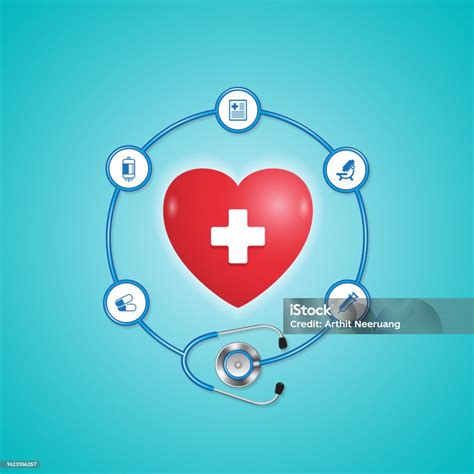 청진기 의학 의료 건강 십자가 전단지 포스터 웹 배너 및 카드 벡터 일러스트 레이 션을위한 건강 관리 장식의 심장 및 평면 아이콘 과학에 대한 스톡 벡터 아트 및 기타