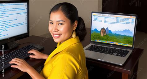 Laotian Woman As A Computer Programmer Typing And Working On Laptop Desktop Computer At A Wooden