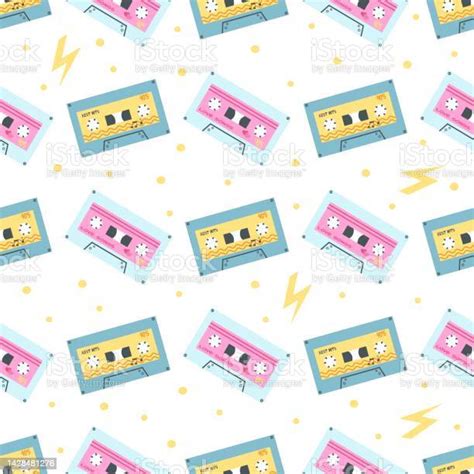 1990 년대 스타일의 카세트 테이프가있는 완벽한 패턴 오디오 믹스 테이프의 벡터 일러스트 레이 션 그루비 인쇄 포장지 벽지