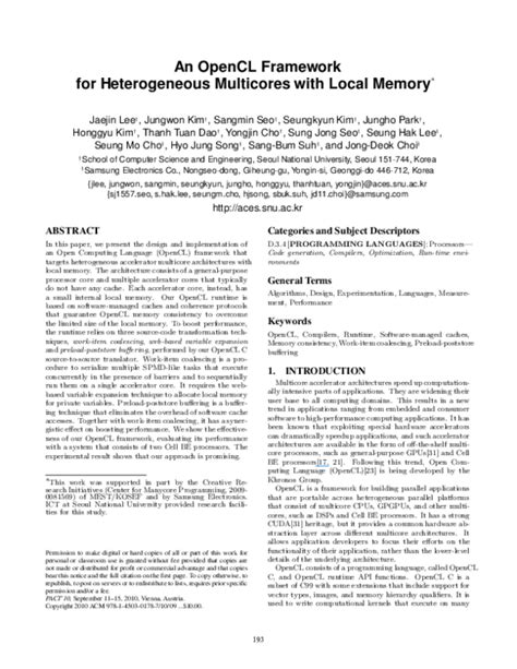 Pdf An Opencl Framework For Heterogeneous Multicores With Local Memory