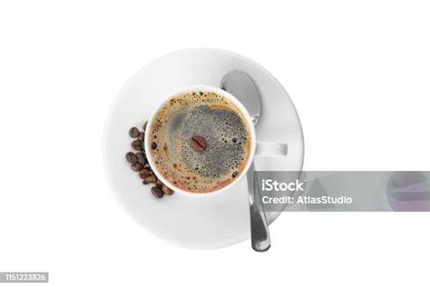 커피 원두와 스푼이 흰색 배경에 고립 된 커피 한잔 평면도 커피 타임 악세사리 0명에 대한 스톡 사진 및 기타 이미지 0명 갈색 라떼 Istock
